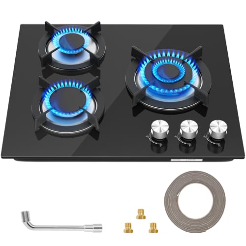 Gas Hob 3 burners, Built in Black Glass Gas Hob with Flame - Keystone 4